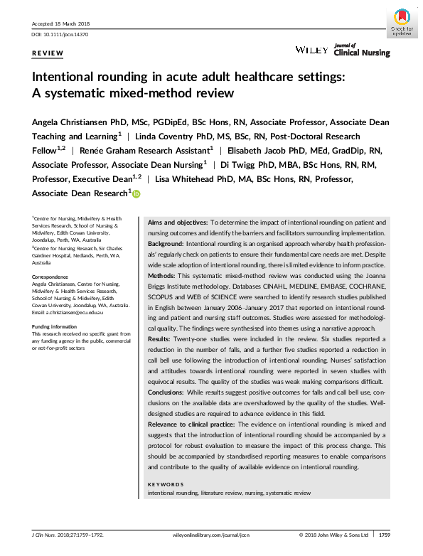 (PDF) Intentional rounding in acute adult healthcare settings: A ...