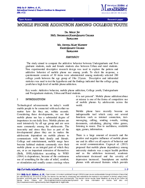 (PDF) MOBILE PHONE ADDICTION AMONG COLLEGE YOUTH