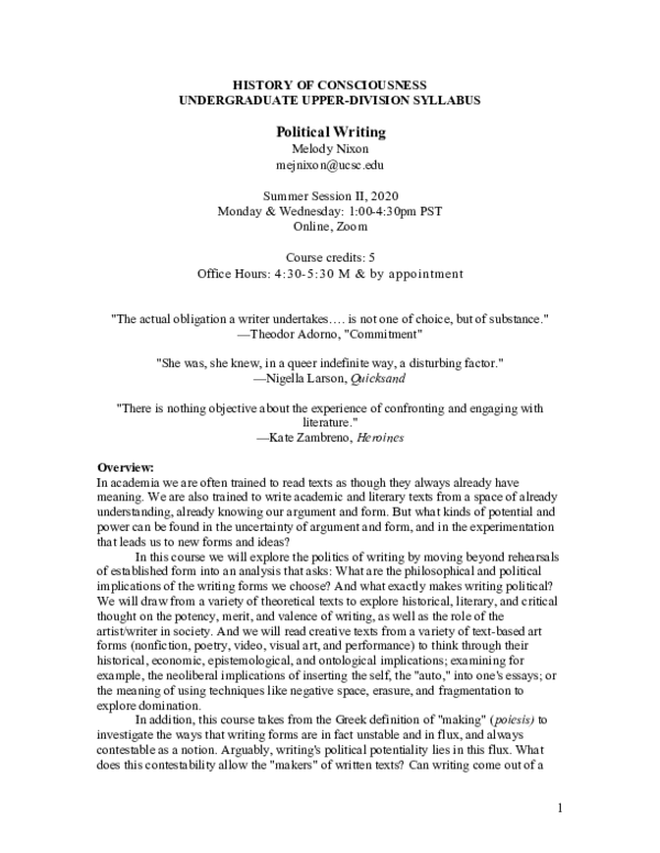 (DOC) Political Writing Syllabus (Summer 2020) | Melody Nixon ...