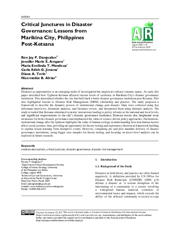 (PDF) Critical Junctures in Disaster Governance: Lessons from Marikina ...