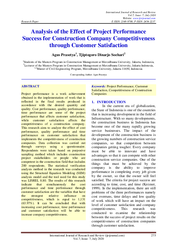 (PDF) Analysis of the Effect of Project Performance Success for ...