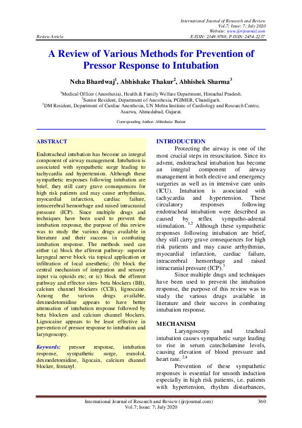 (PDF) A Review of Various Methods for Prevention of Pressor Response to ...