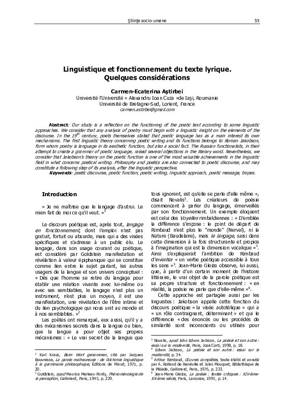 (PDF) Linguistique et fonctionnement du texte lyrique. Quelques ...