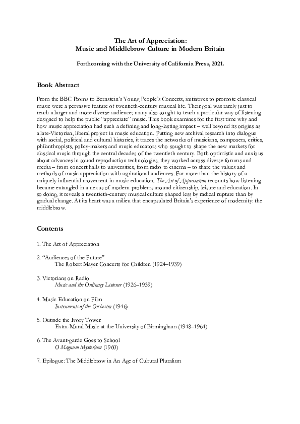 (PDF) The Art of Appreciation: Music and Middlebrow Culture in Modern ...
