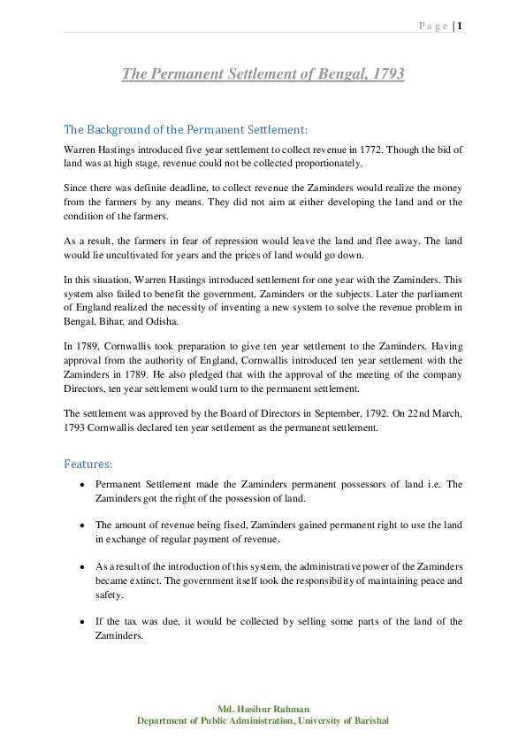 (PDF) The Permanent Settlement of Bengal