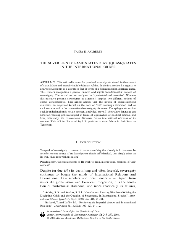 (PDF) The Sovereignty Game States Play: (Quasi-)States in the ...