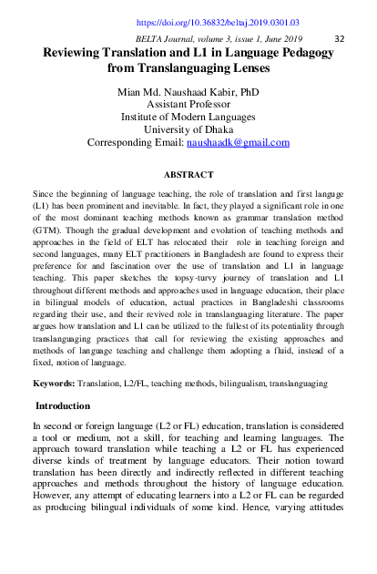 (PDF) Reviewing Translation and L1 in Language Pedagogy from ...