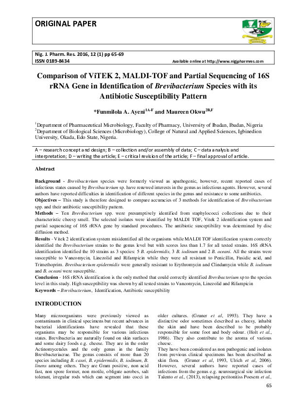 (PDF) Comparison of ViTEK 2, MALDI-TOF and Partial Sequencing of 16S ...