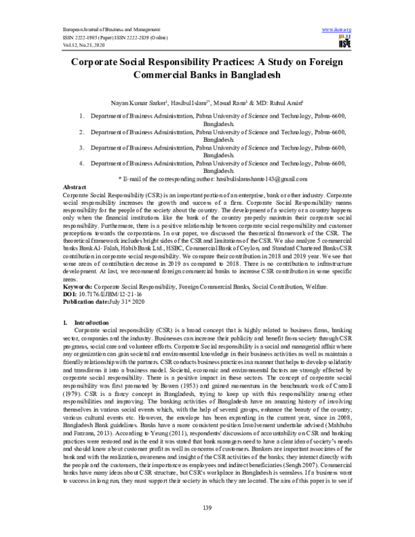 (PDF) Corporate Social Responsibility Practices: A Study on Foreign Commercial Banks in Bangladesh