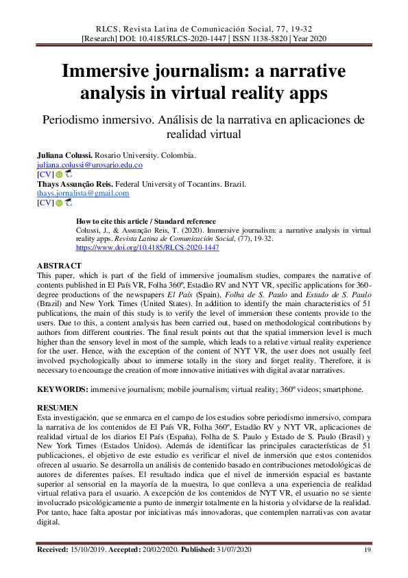 (PDF) Immersive journalism: a narrative analysis in virtual reality ...