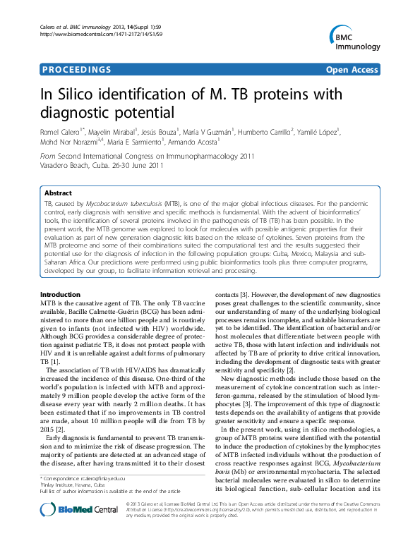(PDF) In Silico identification of M. TB proteins with diagnostic potential