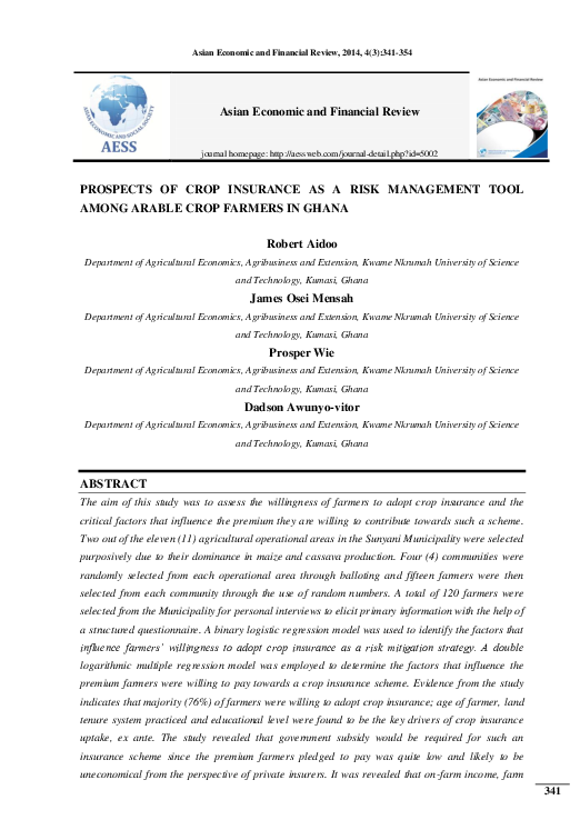 (PDF) PROSPECTS OF CROP INSURANCE AS A RISK MANAGEMENT TOOL AMONG ...