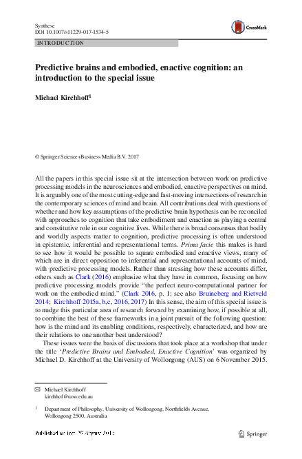 (PDF) SI on Predictive Brains and Embodied, Enactive Cognition in Synthese