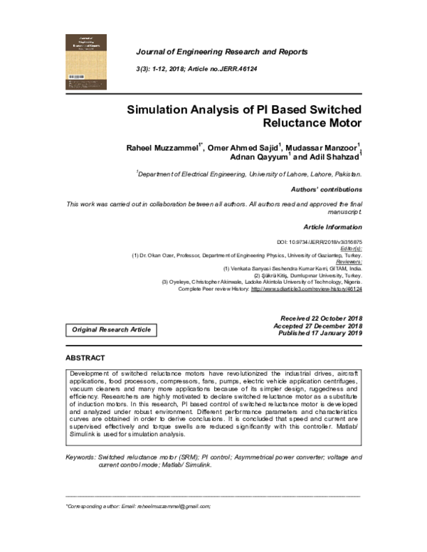 Pdf Simulation Analysis Of Pi Based Switched Reluctance Motor