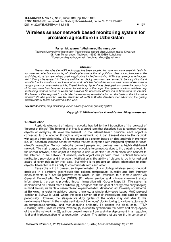 Pdf Wireless Sensor Network Based Monitoring System For Precision