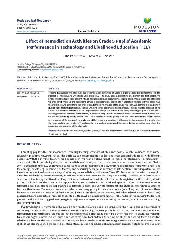 (PDF) Effect of Remediation Activities on Grade 5 Pupils' Academic ...