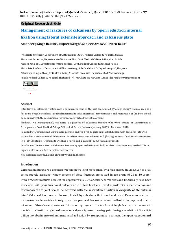(PDF) Management of fractures of calcaneus by open reduction internal ...