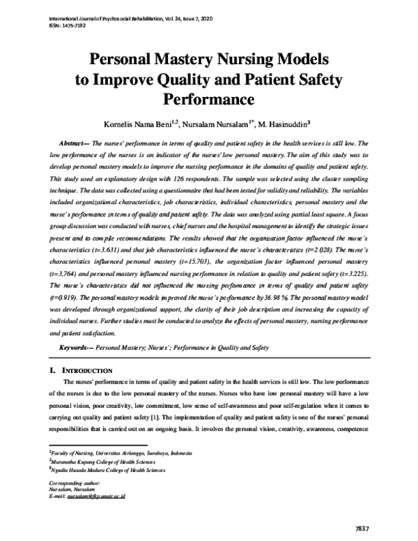 (PDF) Personal Mastery Nursing Models to Improve Quality and Patient ...