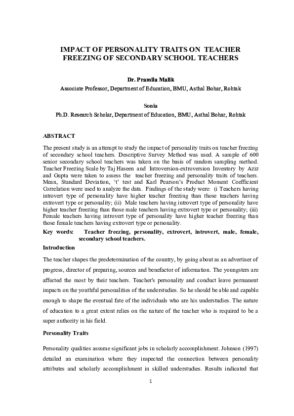(DOC) Impact of personality traits on TEACHER FREEZING OF SECondary ...