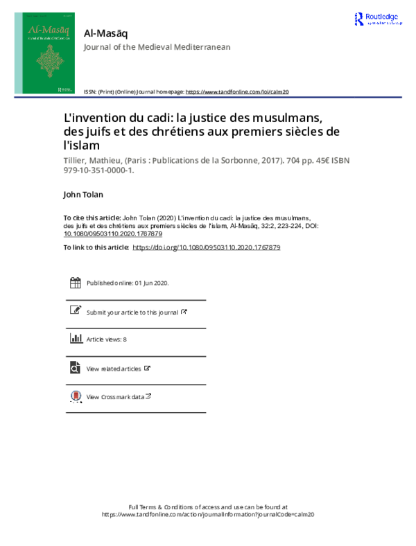 (PDF) Review of M. Tillier, L'invention du cadi: la justice des ...