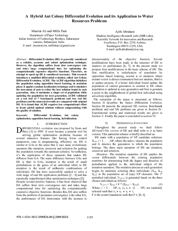 Pdf A Hybrid Ant Colony Differential Evolution And Its Application To Water Resources Problems