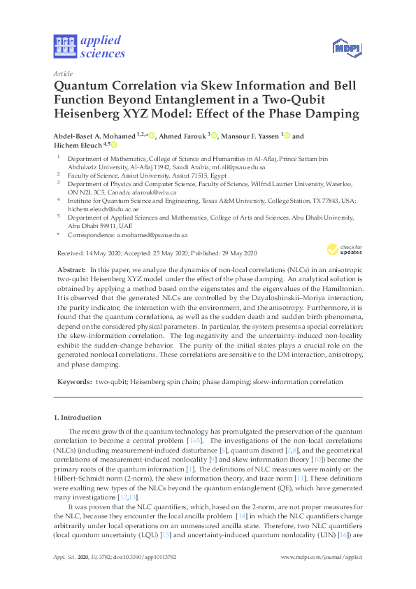 (PDF) Quantum Correlation via Skew Information and Bell Function Beyond Entanglement in a Two ...