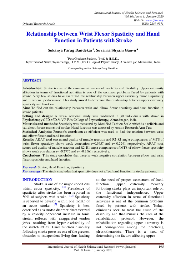 (PDF) Relationship between Wrist Flexor Spasticity and Hand Function in ...