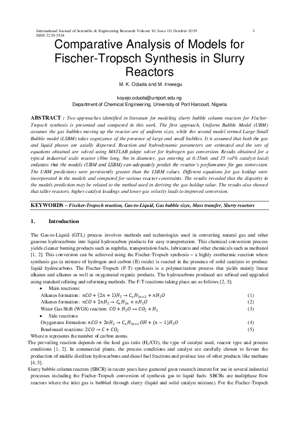 (PDF) Comparative Analysis of Models for Fischer-Tropsch Synthesis in Slurry Reactors