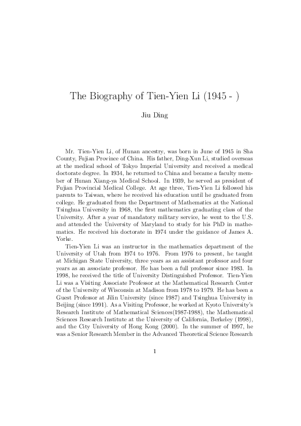 (PDF) Biografía de Tien-Yien Li (1945-2020) por el profesor Jiu Ding