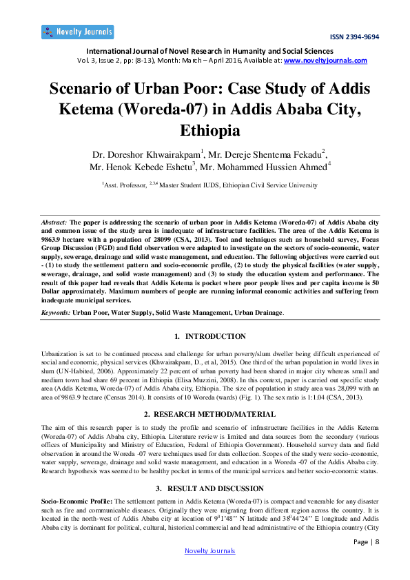 (PDF) Scenario of Urban Poor: Case Study of Addis Ketema (Woreda-07) in ...
