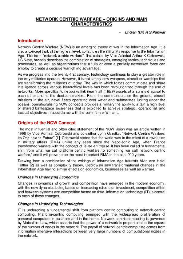 (PDF) Network Centric Warfare: Origin and Main Characteristics