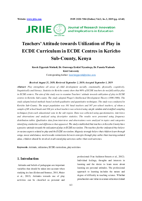 (PDF) Teachers' Attitude towards Utilization of Play in ECDE Curriculum ...