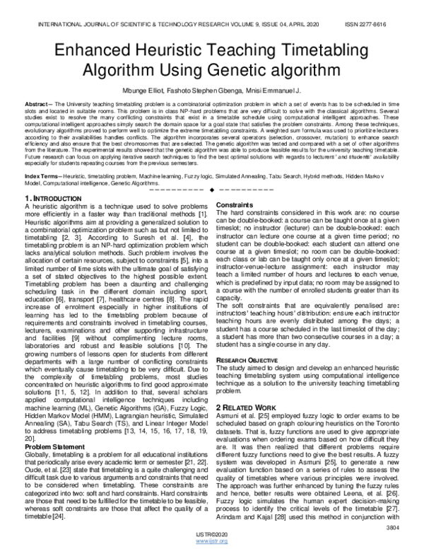Pdf Enhanced Heuristic Teaching Timetabling Algorithm Using Genetic
