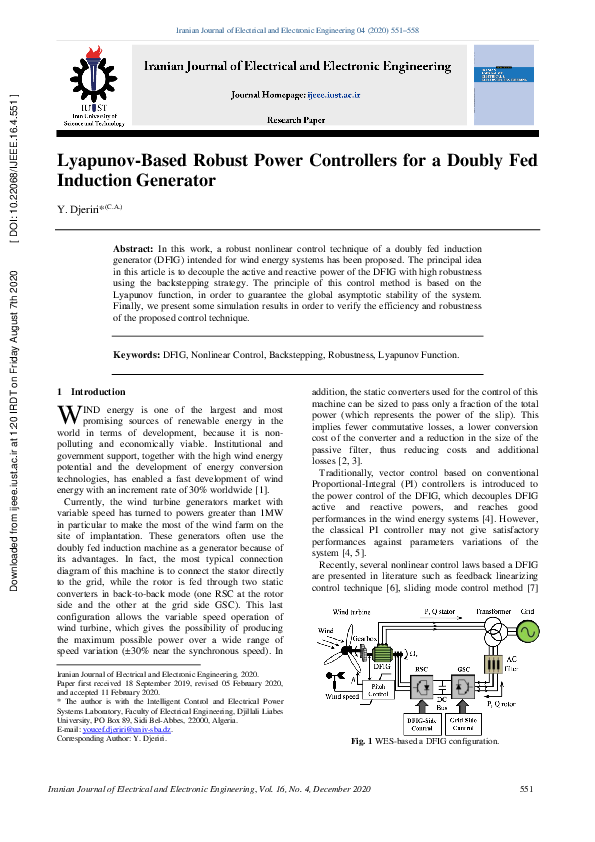 Pdf Lyapunov Based Robust Power Controllers For A Doubly Fed Induction Generator