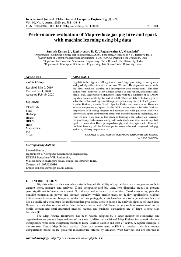 (PDF) Performance evaluation of Map-reduce jar pig hive and spark with machine learning using ...