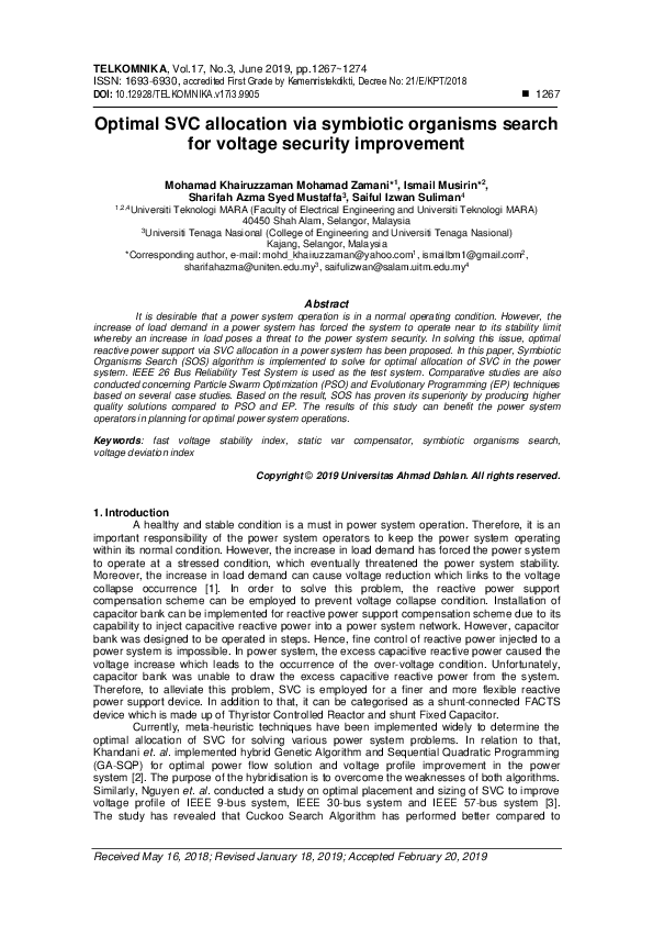 (PDF) Optimal SVC allocation via symbiotic organisms search for voltage security improvement