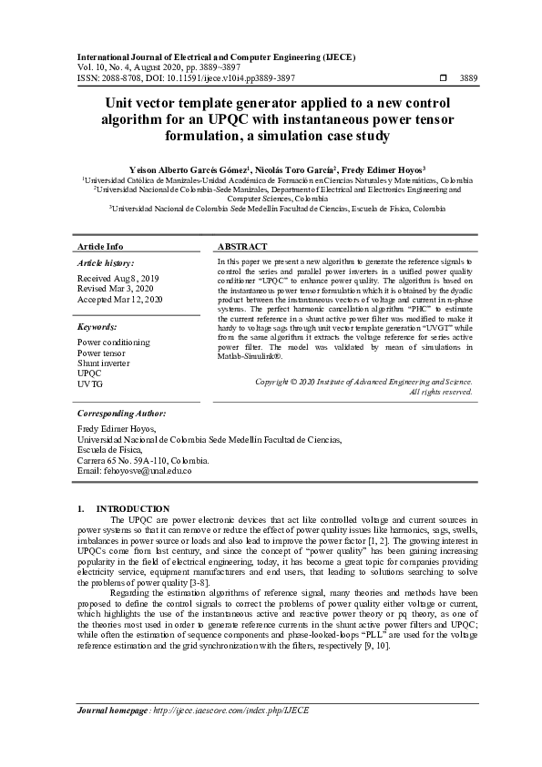 Pdf Unit Vector Template Generator Applied To A New Control Algorithm For An Upqc With