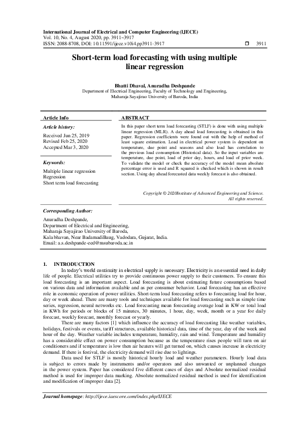 Pdf Short Term Load Forecasting With Using Multiple Linear Regression