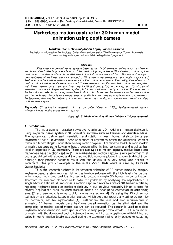 Pdf Markerless Motion Capture For 3d Human Model Animation Using
