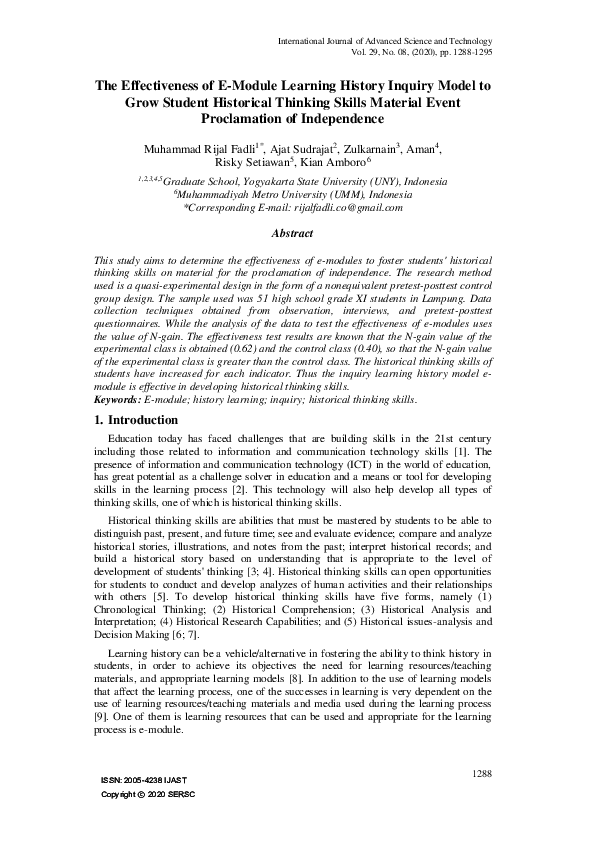 (PDF) The Effectiveness of E-Module Learning History Inquiry Model to ...