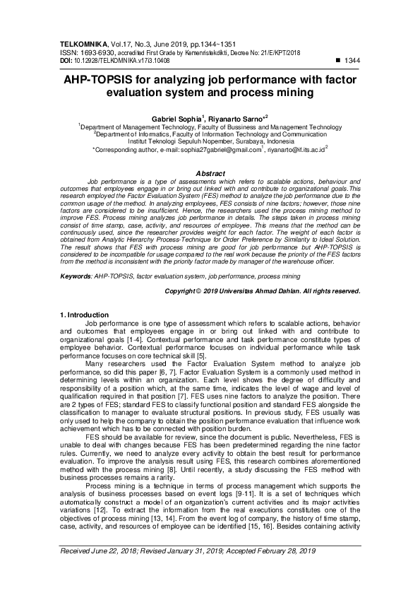 Pdf Ahp Topsis For Analyzing Job Performance With Factor Evaluation System And Process Mining