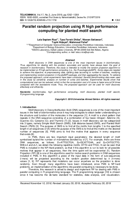 (PDF) Parallel random projection using R high performance computing for planted motif search
