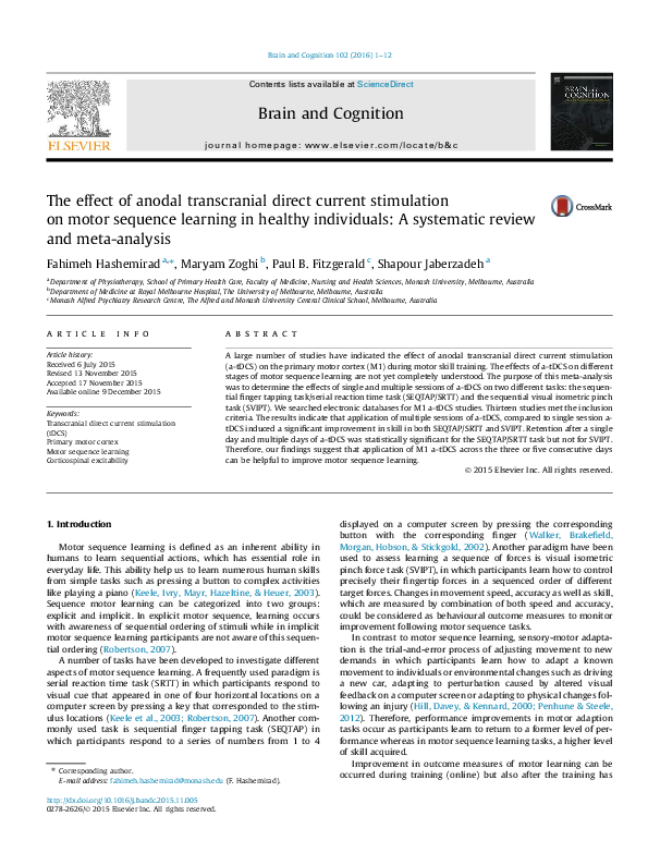 (PDF) The effect of anodal transcranial direct current stimulation on motor sequence learning in ...