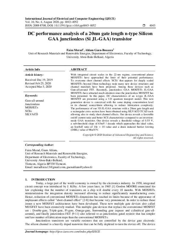 Pdf Dc Performance Analysis Of A 20nm Gate Length N Type Silicon Gaa
