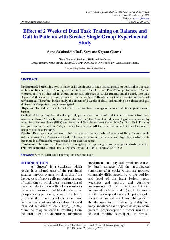 (PDF) Effect of 2 Weeks of Dual Task Training on Balance and Gait in ...