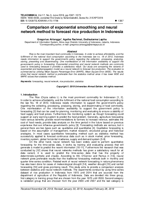 Pdf Comparison Of Exponential Smoothing And Neural Network Method To