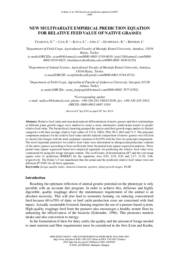 Pdf New Multivariate Empirical Prediction Equation For Relative Feed Value Of Native Grasses