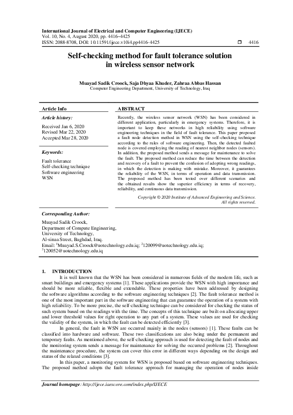 Pdf Self Checking Method For Fault Tolerance Solution In Wireless Sensor Network