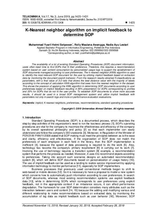 (PDF) K-Nearest neighbor algorithm on implicit feedback to determine SOP