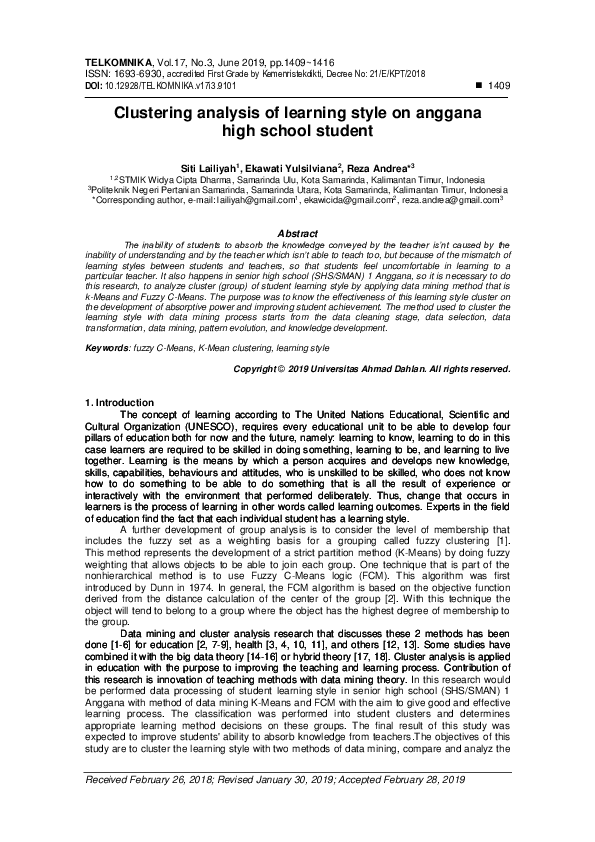 (PDF) Clustering analysis of learning style on anggana high school student